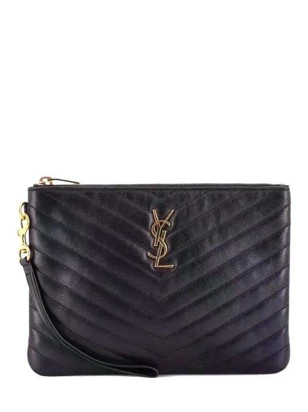 Saint Laurent Matelasse Chevron Leather Small Wristlet Pouch - Black