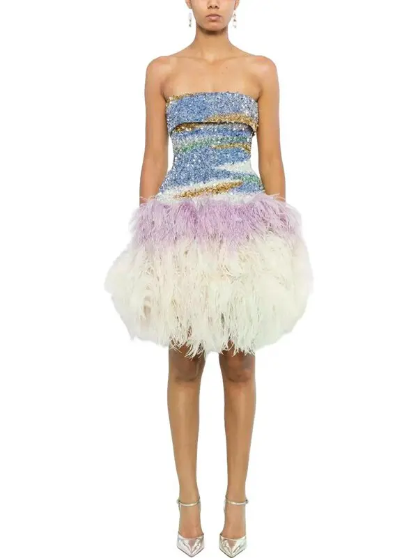 GEORGES HOBEIKA Embellished Feather-skirt Mini Dress - Neutrals