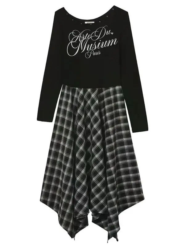 MUSIUM DIV. Asymmetric Midi Dress With Checkered Skirt - Black