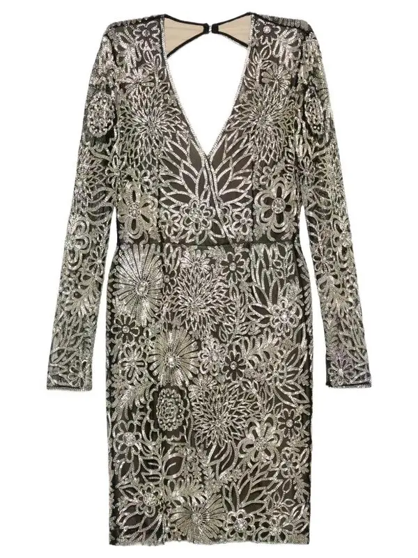 Naeem Khan Floral Beaded V-neck Dress - Black