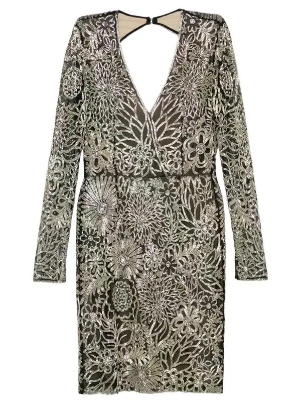 Naeem Khan Floral Beaded V-neck Dress - Black