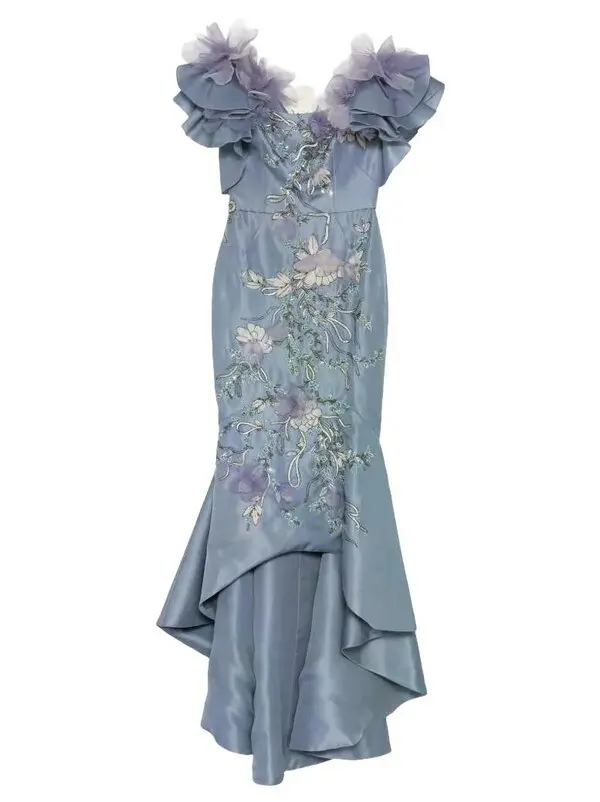 Marchesa Off-shoulder Crystal-embroidered Gown - Blue