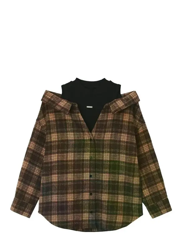 MUSIUM DIV. Checked Cold-shoulder Shirt - Brown