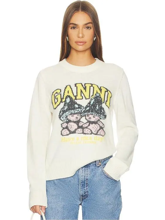 GANNI Mushroom Teddy Wool Sweater In Cream - Egret