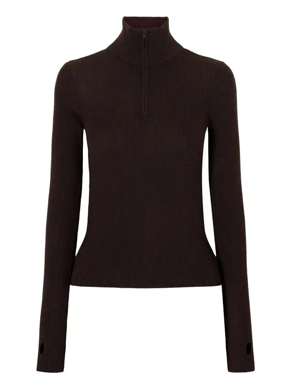 THE FRANKIE SHOP Sade Ribbed Wool And Silk-blend Half-zip Sweater - Brown