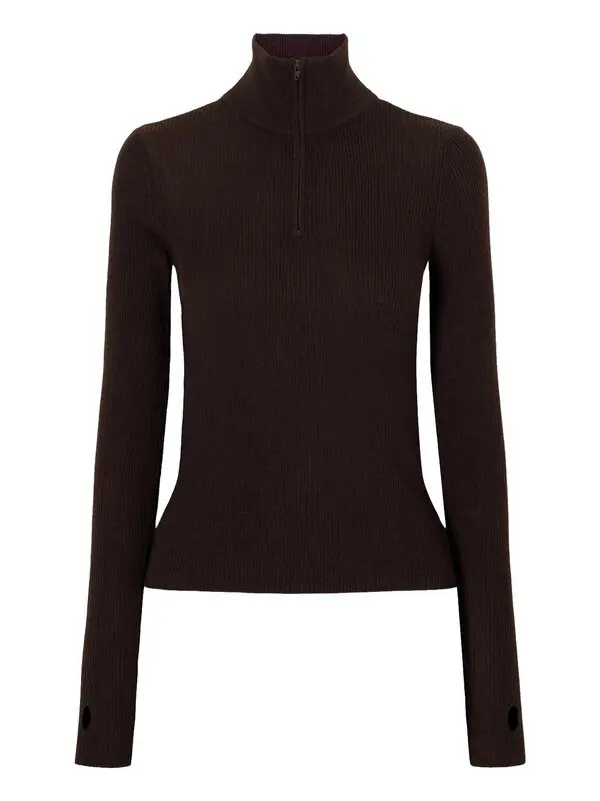 THE FRANKIE SHOP Sade Ribbed Wool And Silk-blend Half-zip Sweater - Brown