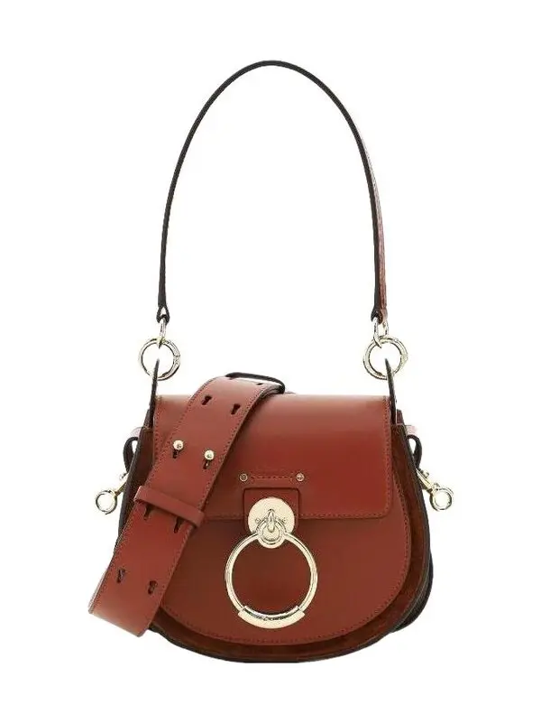 Chloé Tess Logo Embossed Ring Embellished Shoulder Bag - Brown