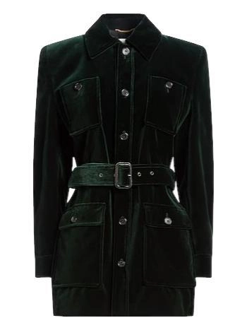 Saint Laurent Velvet Long-sleeve Blazer With Belt - Green