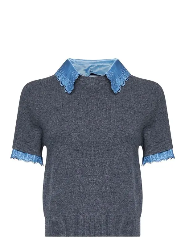 Rabanne Embroidered-satin-trim Short-sleeve Sweater - Gray