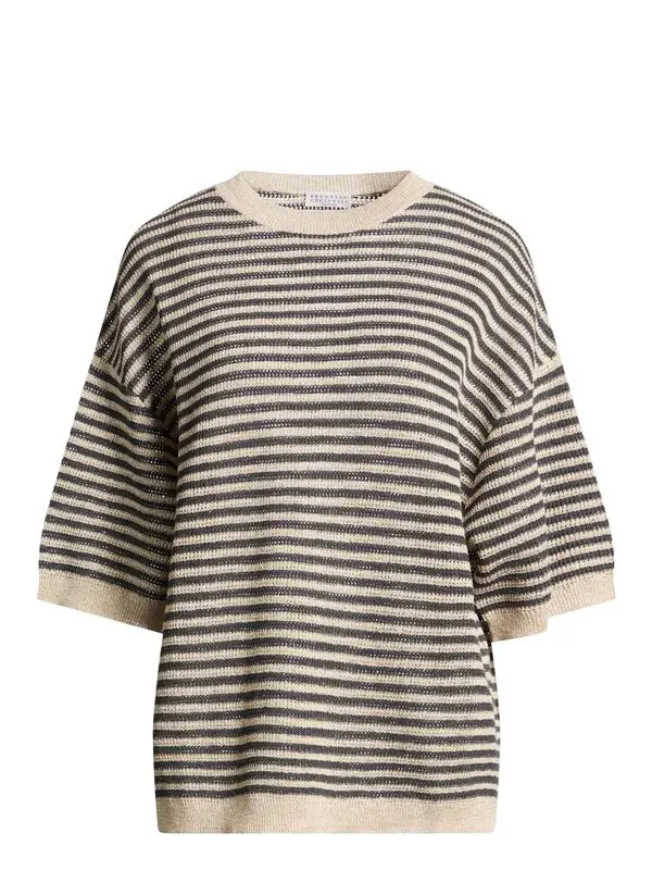 Brunello Cucinelli Striped Metallic Shortsleeve Knit Sweater - Grey