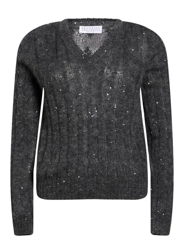 Brunello Cucinelli Melange Cable-knit Sequin V-neck Sweater - Gray