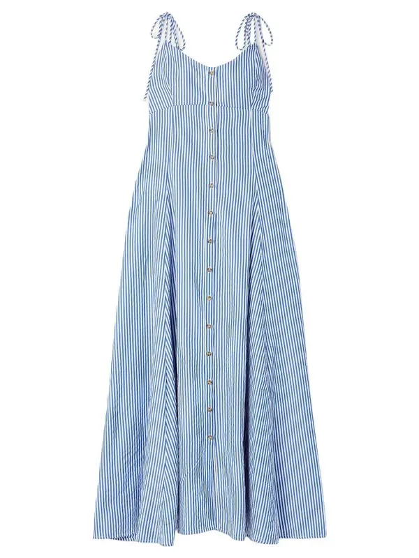Rosie Assoulin Pleated Striped Poplin Maxi Dress - Blue