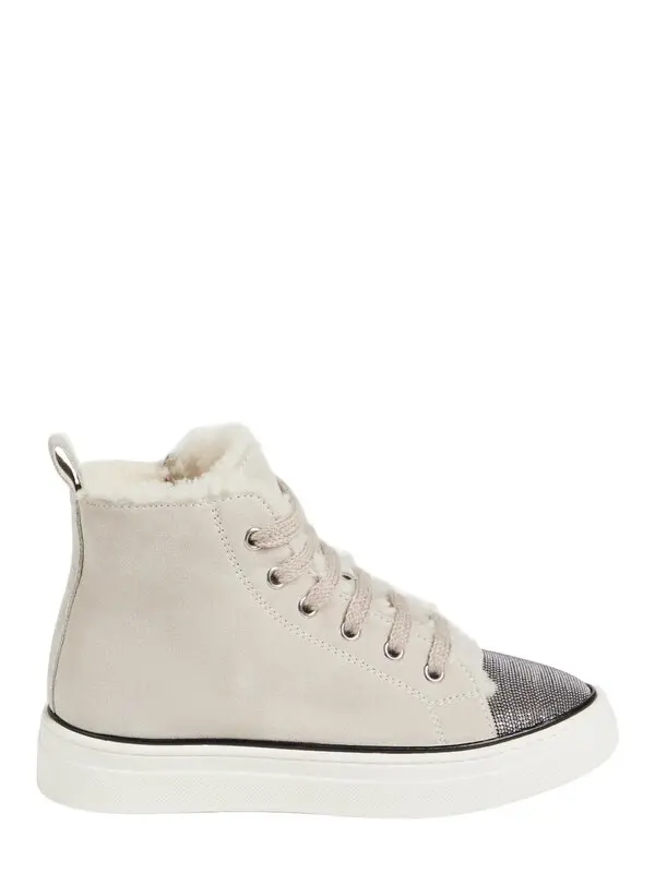 Brunello Cucinelli Lace Up Shearling Ankle Boots - Light Gray
