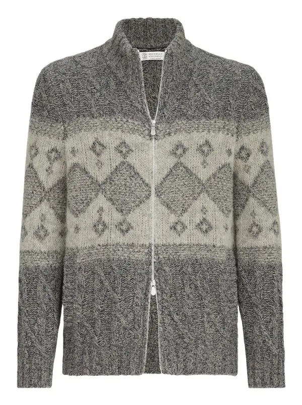 Brunello Cucinelli Virgin Wool, Silk And Cashmere Chiné Cable Knit Cardigan With Intarsia - Cerulean