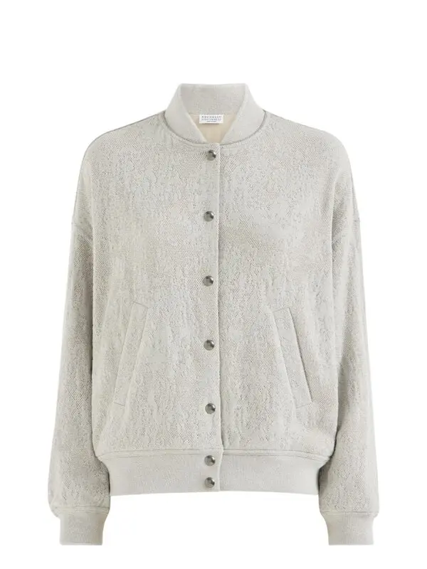 Brunello Cucinelli Lace Flowers Jersey Sweatshirt In Sparkling Virgin Wool And Cashmere With Monili - Light Gray