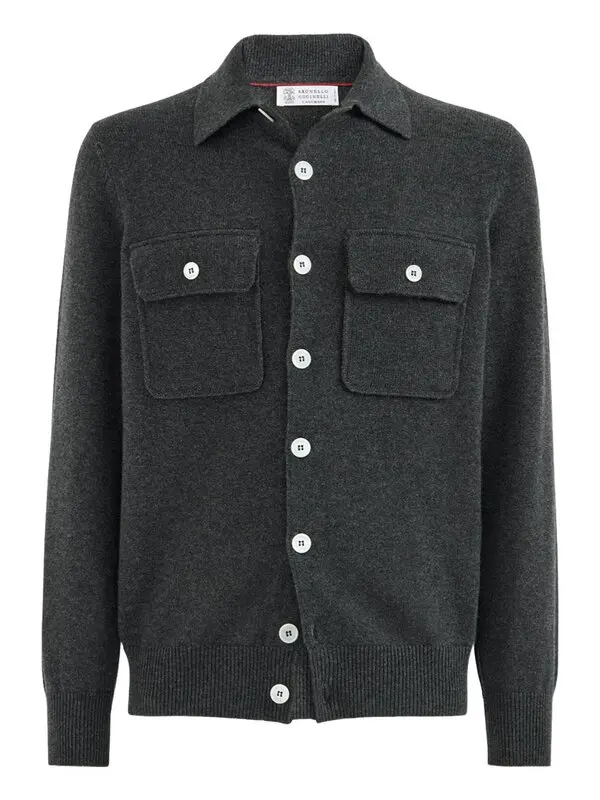 Brunello Cucinelli Cashmere Shirt-style Cardigan With Chest Pockets - Stone Gray