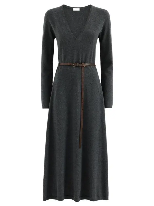 Brunello Cucinelli Cashmere Knit Dress With Belt And Monili - Lead