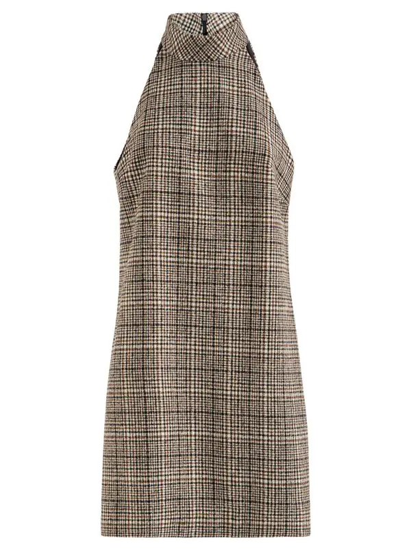 Brunello Cucinelli Checked Alpaca And Wool Dress With Monili - Brown
