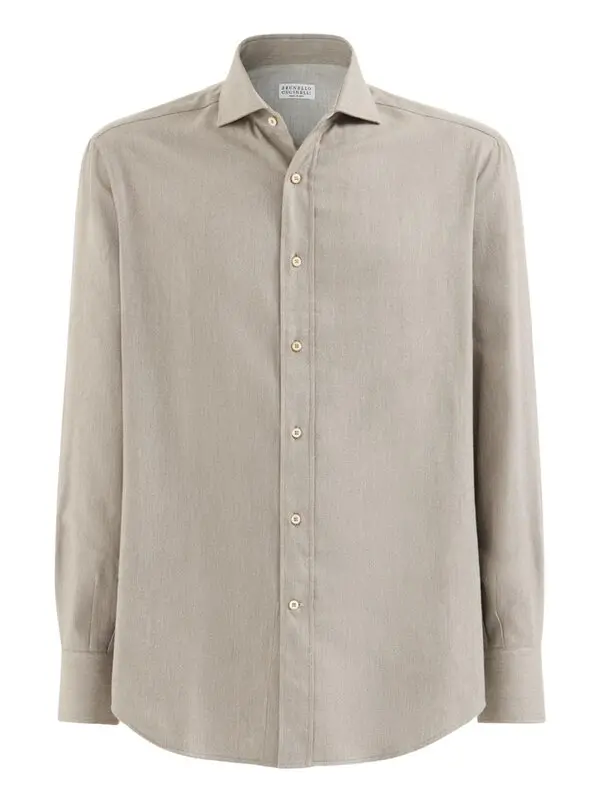 Brunello Cucinelli Stretch Cotton Chevron Flannel Shirt With Spread Collar - Stone Gray