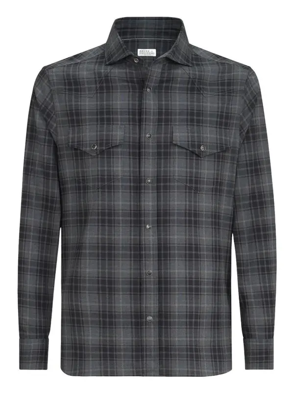 Brunello Cucinelli Cotton Madras Western Shirt - Dark Gray