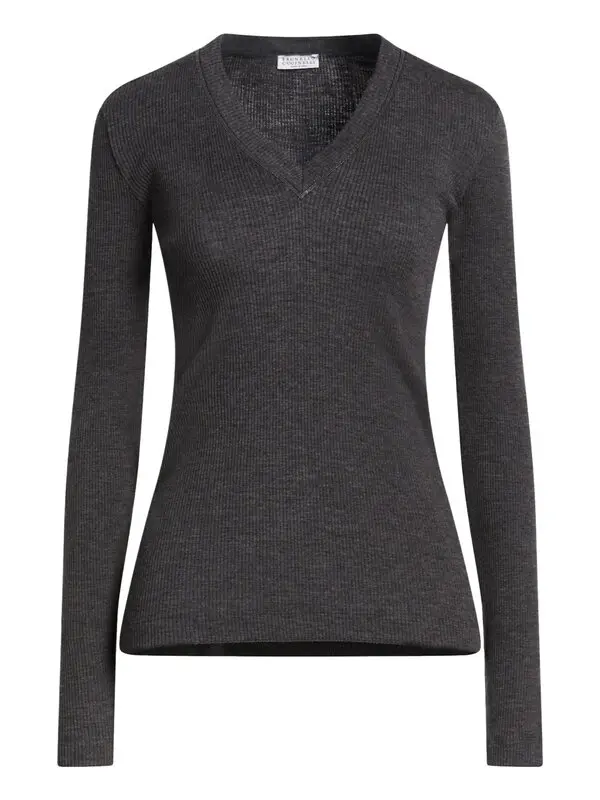Brunello Cucinelli Solid-color Wool V-neck Knit T-shirt - Grey