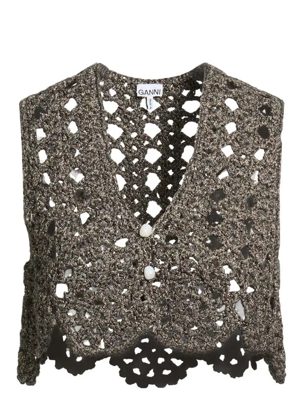 GANNI Woven Metallic Crochet-knit Crop Top - No