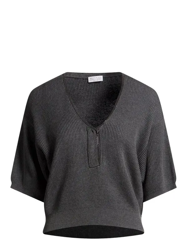 Brunello Cucinelli Short-sleeve V-neck Knit Sweater - Light Grey