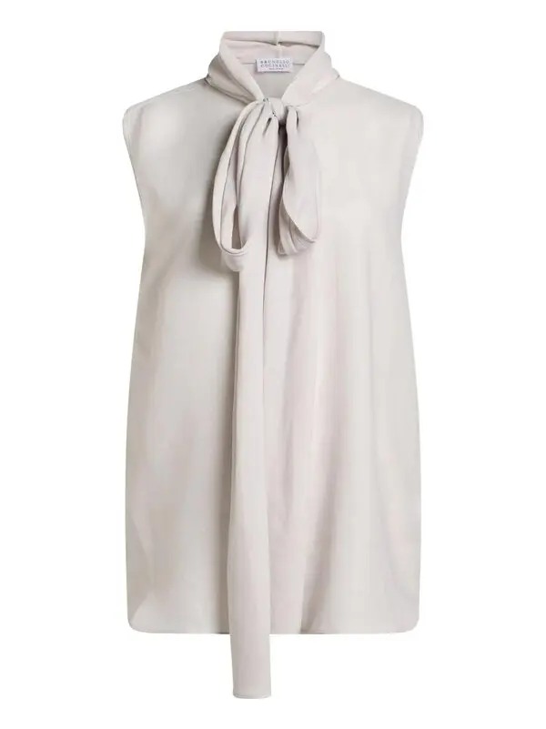 Brunello Cucinelli Lightweight Pussy Bow Knit Top - Grey