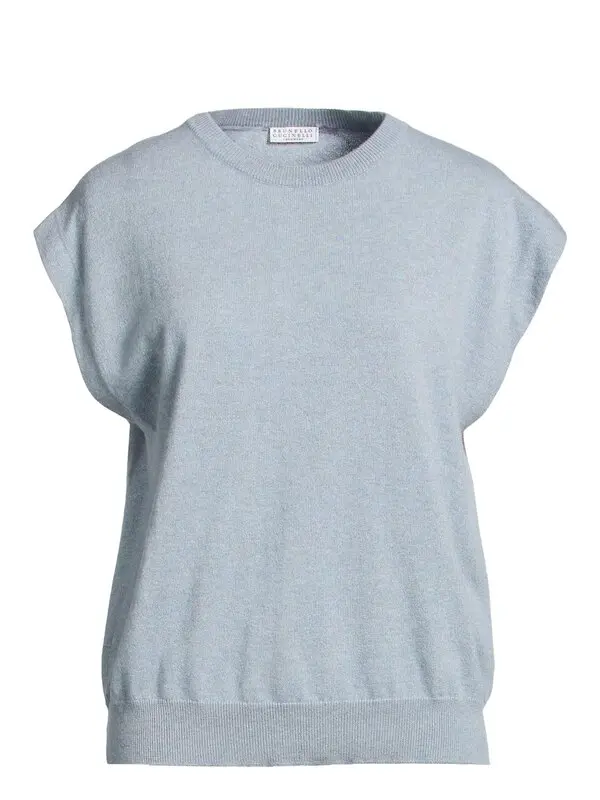 Brunello Cucinelli Minimalist Solidcolor Shortsleeve Knit Sweater - Blue