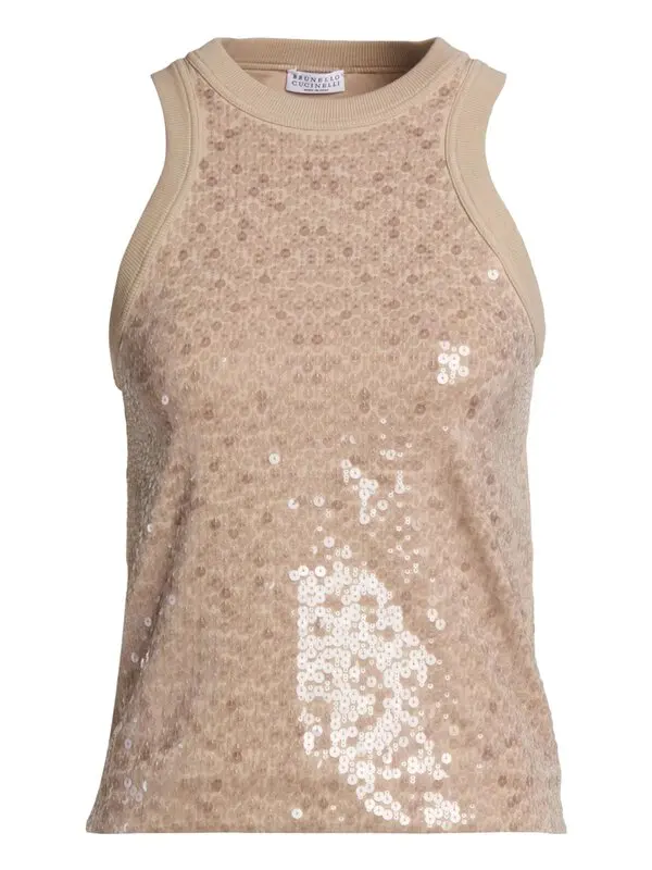 Brunello Cucinelli Sleeveless Round-neck Sequined Top - Beige