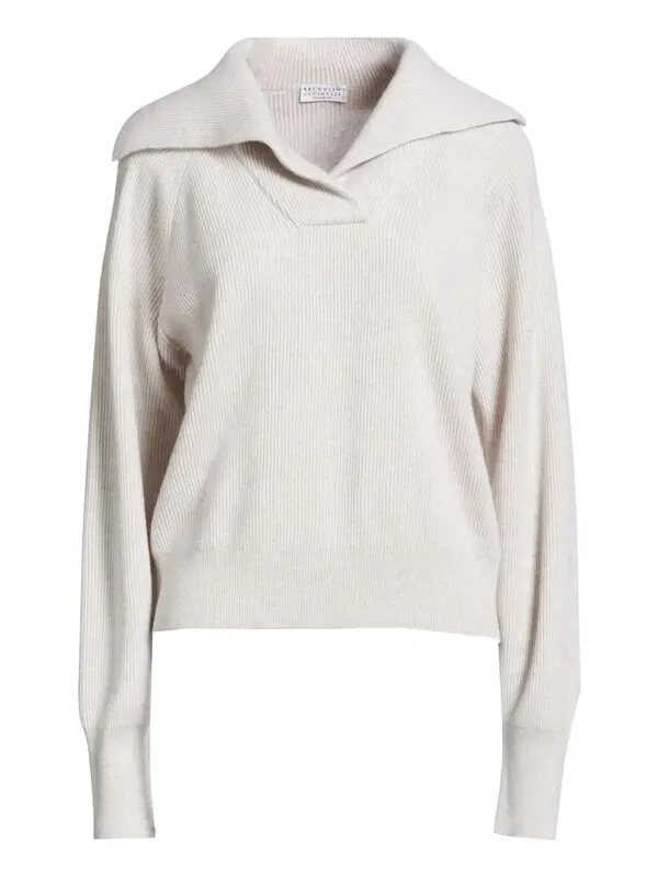 Brunello Cucinelli Cashmere Lapel Knit Sweater With Brooch Detail - Grey