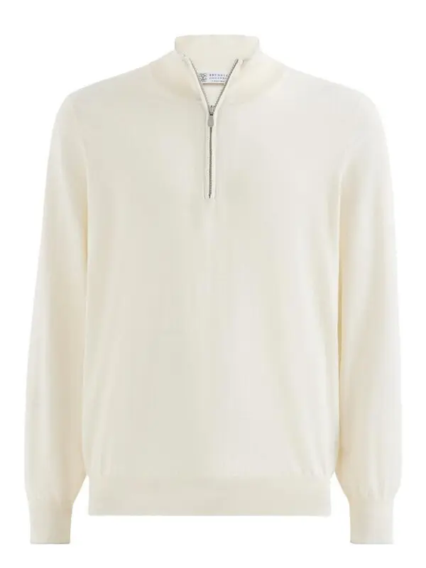 Brunello Cucinelli Sea Island Cotton And Cashmere Lightweight Sweater With Half Zip - Panama