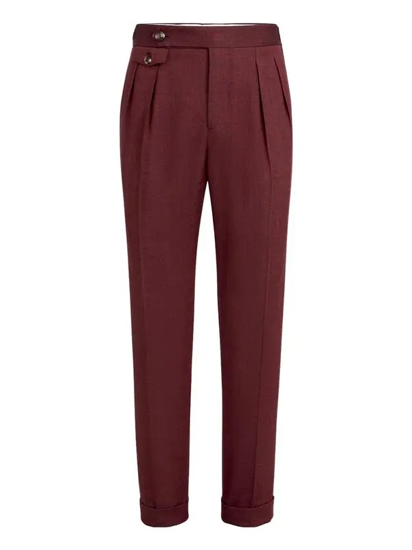 Brunello Cucinelli Linen And Virgin Wool Chevron Trousers With Double Pleats And Waist Tabs - Red