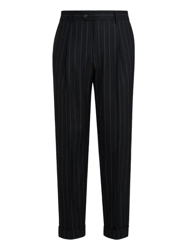 Brunello Cucinelli Super 150s Virgin Wool Wide Chalk Stripe Batavia Trousers With Pleat - Black