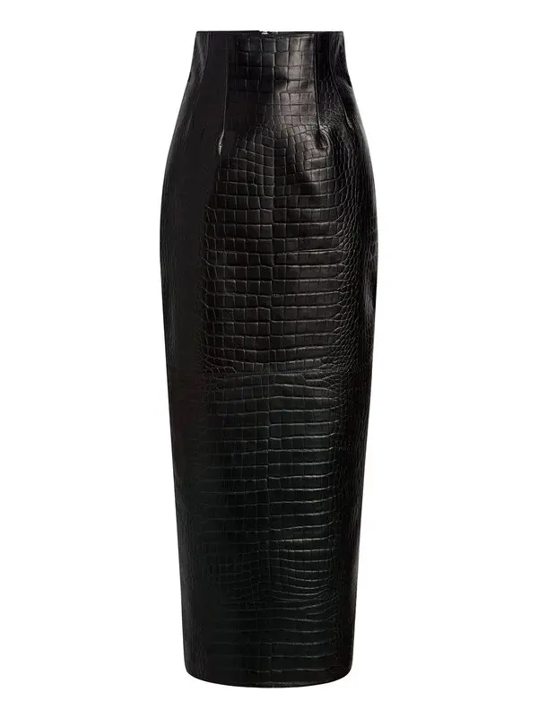 Khaite Loxley Skirt In Croc-embossed Leather - Black