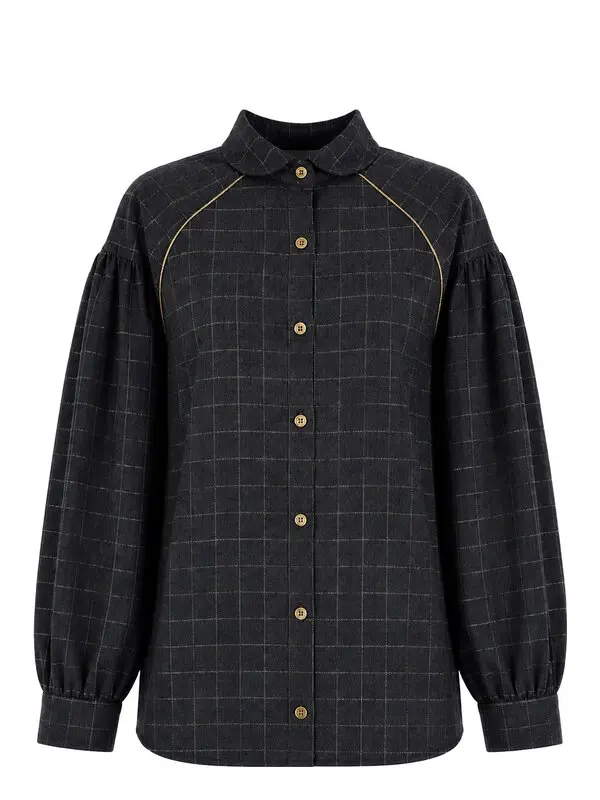 SVETLANA K Clara Blouse Cotton Flannel Checked In Charcoal - Grey