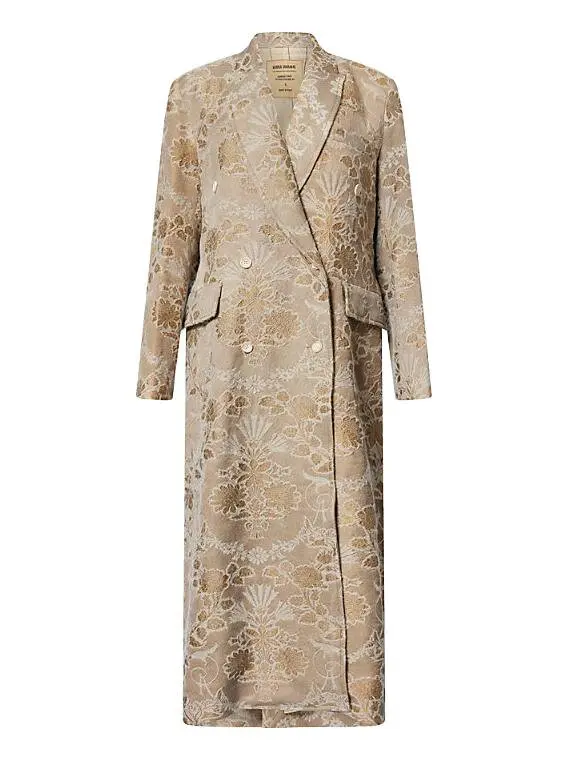 UMA WANG Camelot Double-breasted Floral-jacquard Woven Coat - Tan