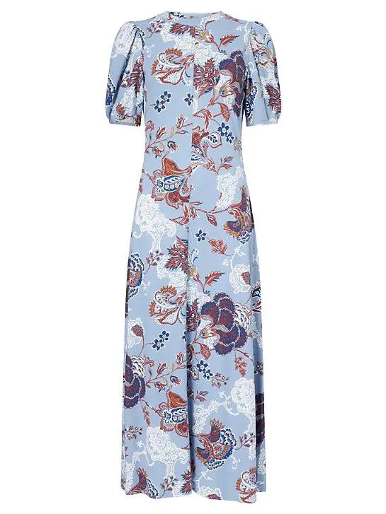 ME+EM Paisley-print Puff-sleeve Crepe-jersey Cotton Maxi Dress - Blue Multi