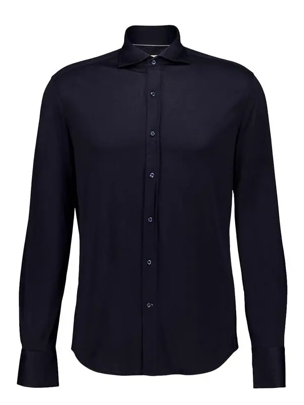 Brunello Cucinelli Dark Silk-cotton Spread Collar Shirt - Blue