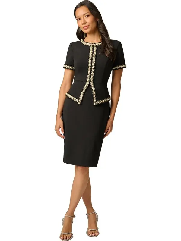 Adrianna Papell Petite Short Sleeve Pearly Trim Peplum Stretch Sheath Dress - Black