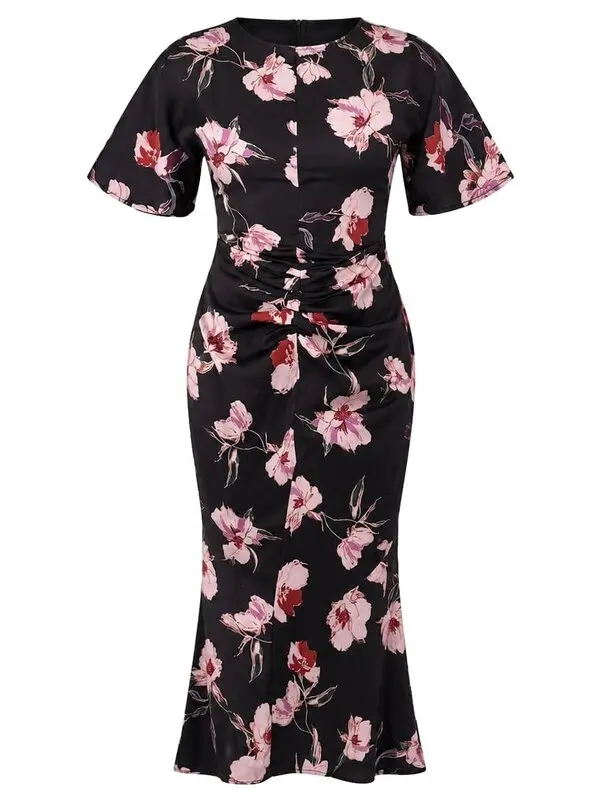 GIRL IN MIND Cleo Ruched Detail Midi Dress In Oriental Floral - Black