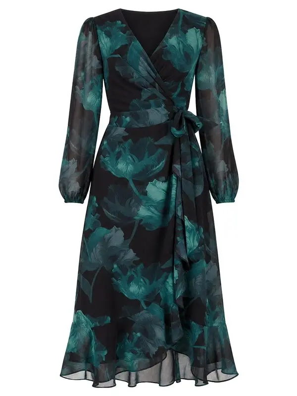 YUMI Floral Dipped Hem Wrap Midi Dress - Black