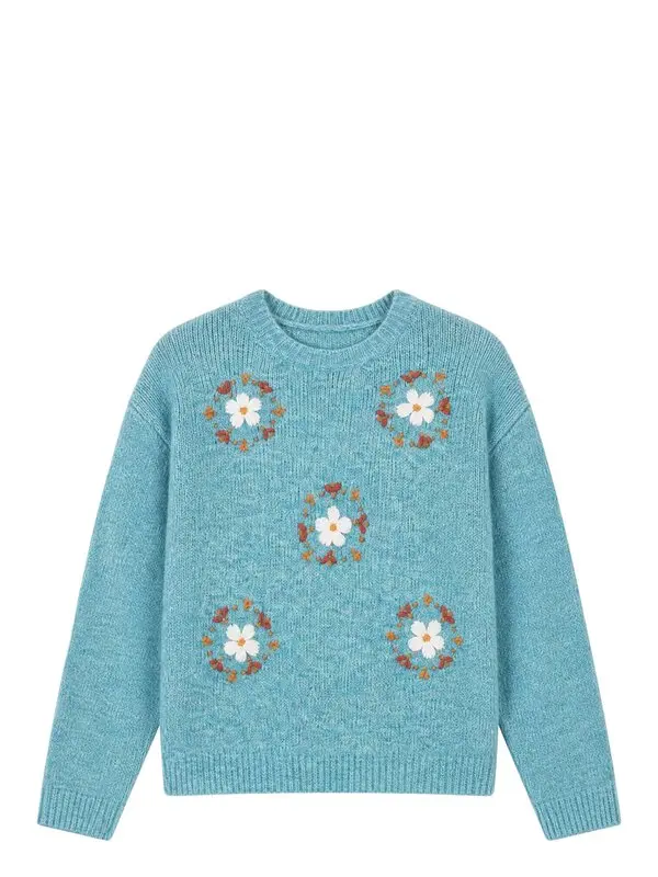 YUMI Patch Floral Embroidered Relaxed Jumper - Blue
