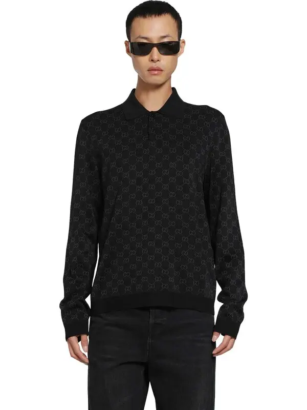 Gucci Viscose Gg Jacquard Polo Shirt - Black
