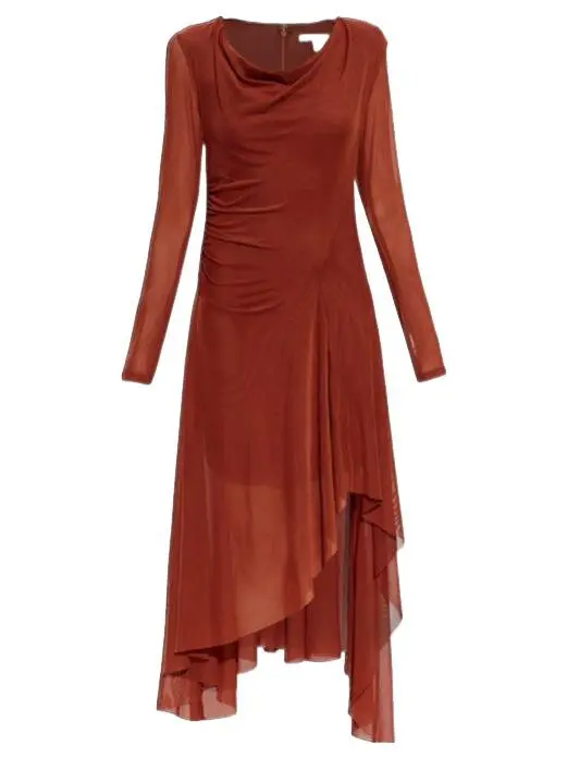 ALLSAINTS Draped Mesh Long Sleeve Midi Dress - Rust Brown