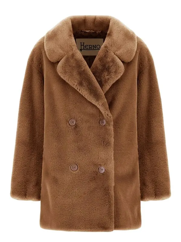Herno Double-breasted Faux Fur Coat - Camel