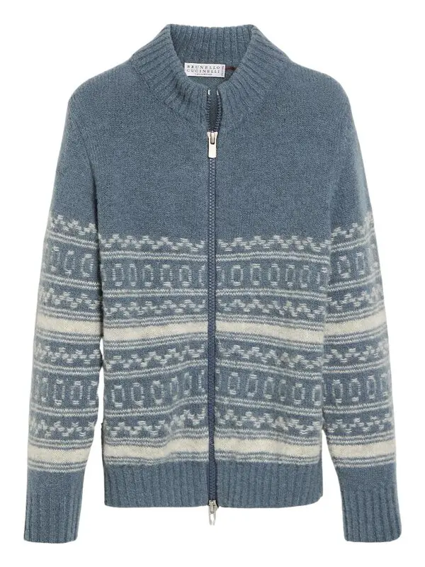 Brunello Cucinelli Alpaca, Cashmere And Wool Nordic Jacquard Cardigan With Zip - Blue