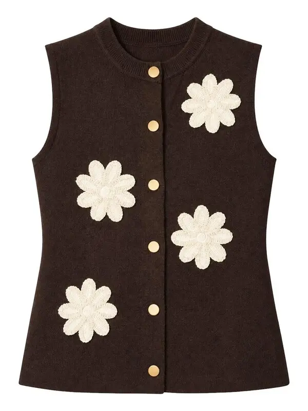 YUMI Flower Applique Knit Waistcoat - Brown