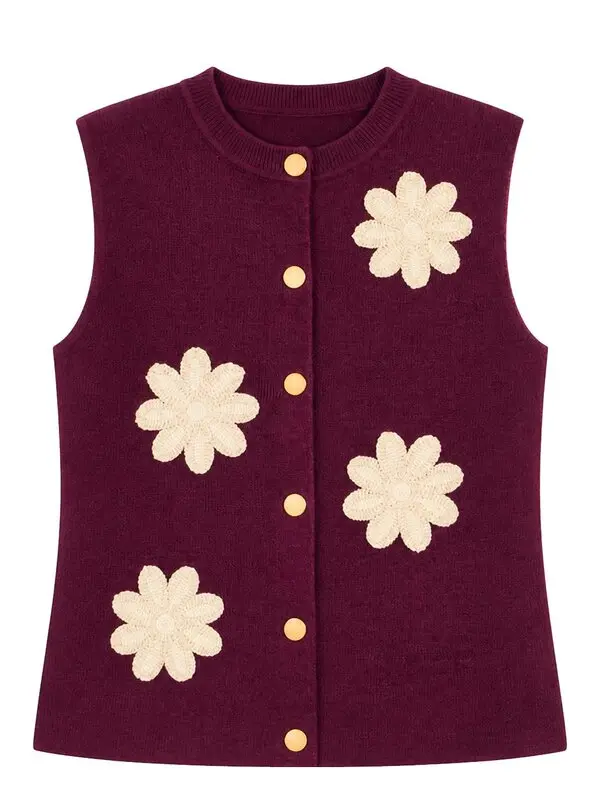 YUMI Burgundy Flower Applique Knit Waistcoat - Red