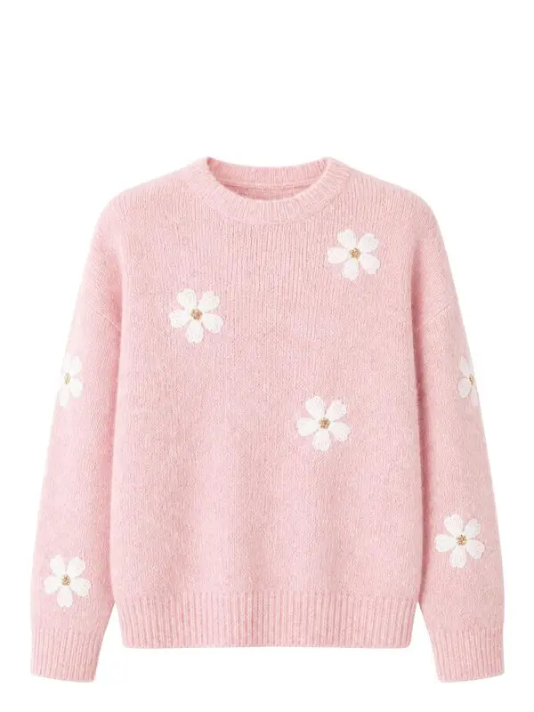 YUMI Relaxed Jumper With Crochet Flowers - Pink